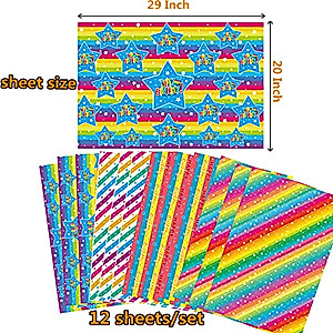 THMORT Birthday Wrapping Paper for Kids, Boys&Girls, Adults. Gift Wrapping Paper With Star, Rainbow stripe line Happy Birthday 4 Colorful Designs for Baby Shower, Holiday, Party Pack of 12 Sheets 20 X 29 Inch