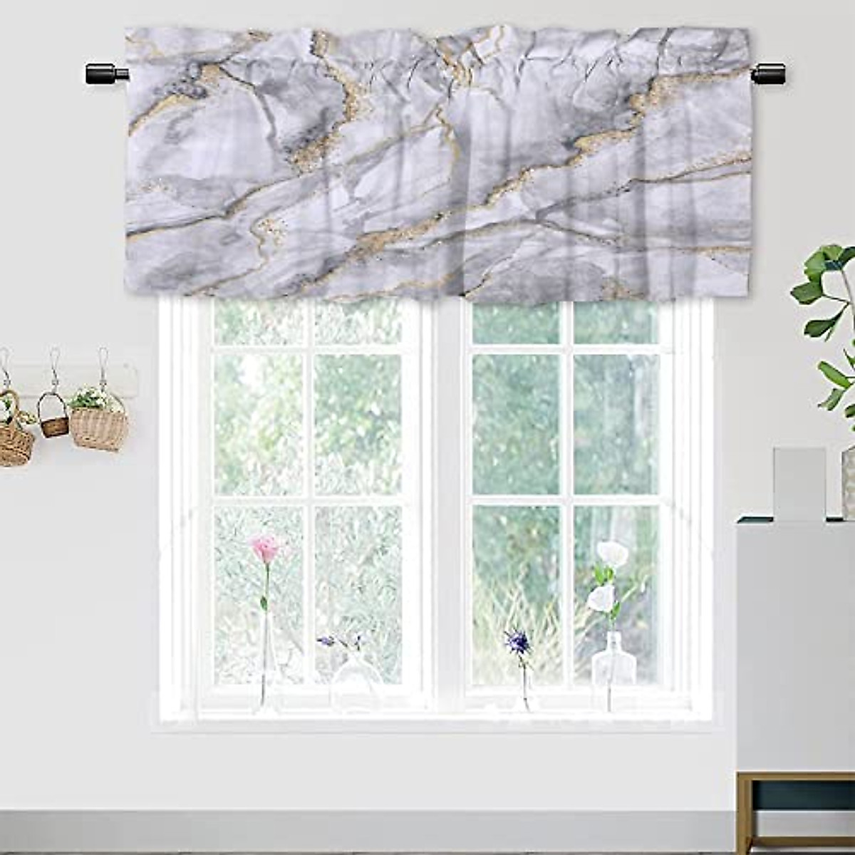 White Gold Marble Blackout Curtain Valances,Abstract Modern Art Luxury Gold Foil Geometric Design Marble Energy Efficient Rod Pocket Curtain Window Valances for Kitchen Windows 54x18in（2Pcs）
