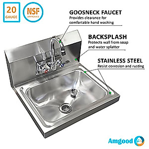 AmGood Stainless Steel Wall Mount Hand Sink | NSF | Commercial Hand Washing Basin For Restaurant, Kitchen and Home (17" x 15")
