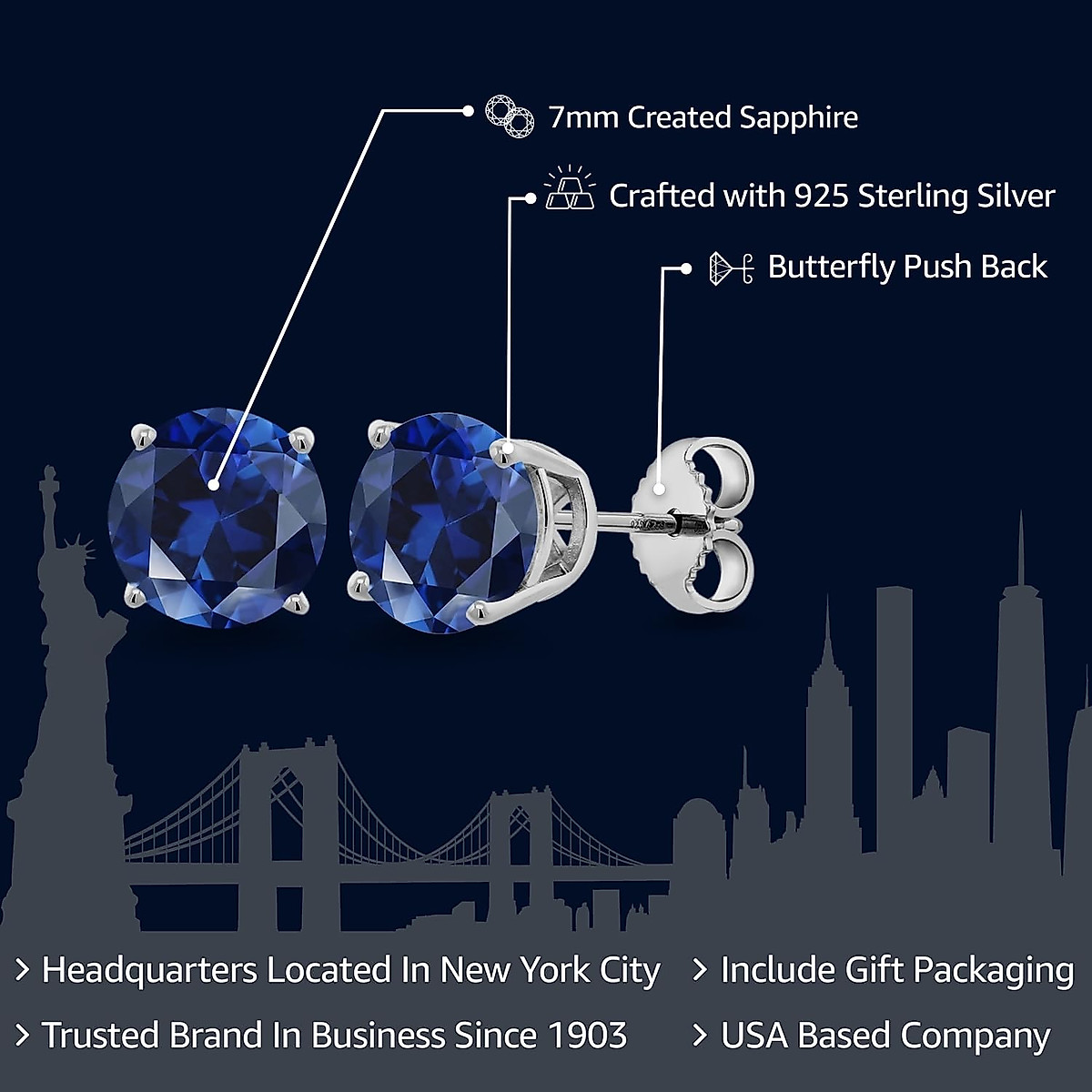 Gem Stone King 925 Sterling Silver Blue Created Sapphire Earrings | 3.20 Cttw | 7MM Round Stud Earrings for Women