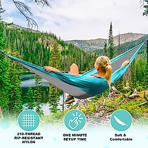 SZHLUX Camping Hammock Double & Single Portable Hammocks with 2 Tree Straps and Attached Carry Bag,Great for Outdoor,Indoor,Beach,Camping,Light Grey / Sky Blue