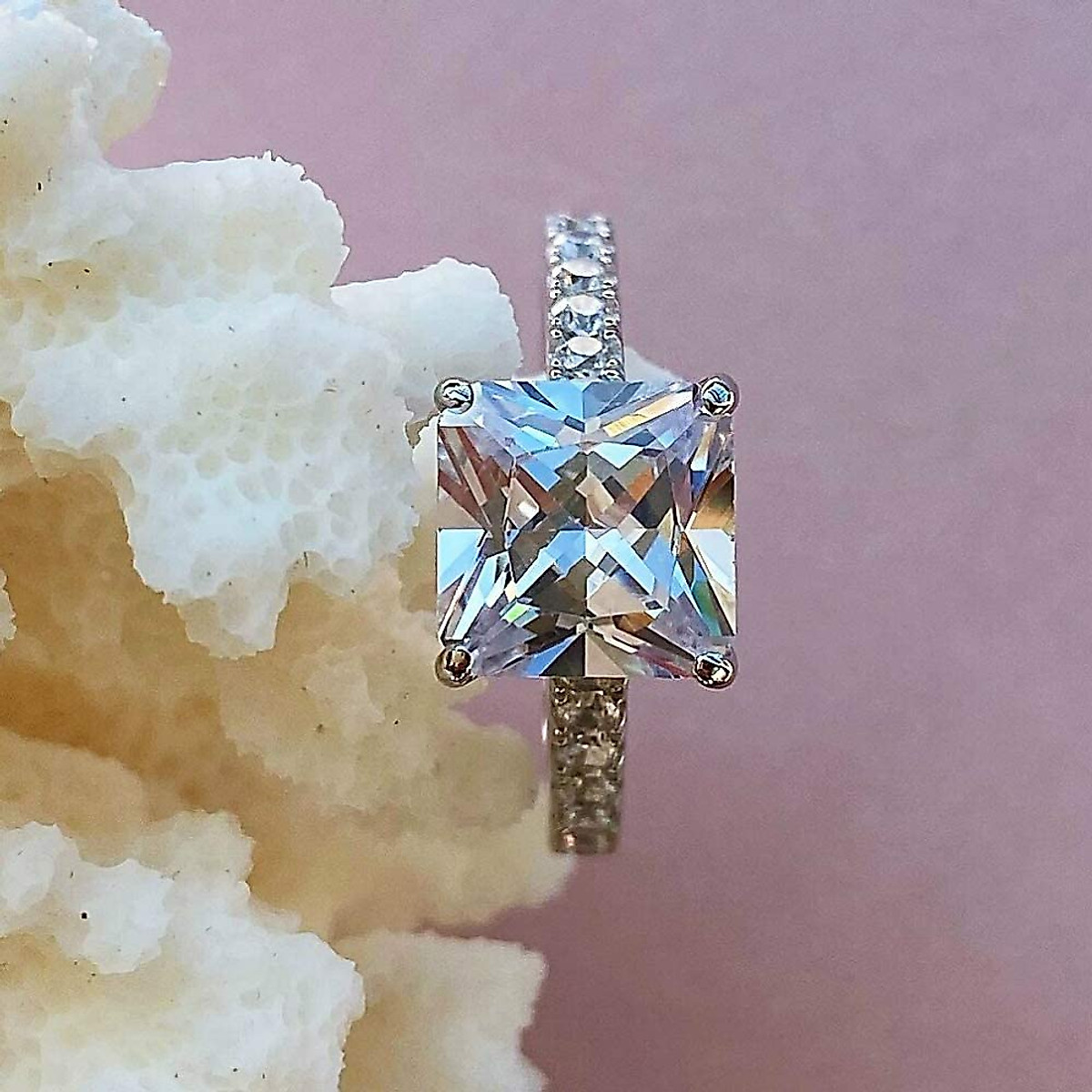 BeFab Sterling Silver Classic 3 Ct Princess Accented Solitaire Engagement Ring Square Cut Anniversary Ring (Silver, 7)