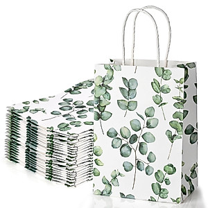 24 Pack Eucalyptus Paper Gift Bags with Handles Greenery Watercolor Green Leaf Paper Gift Bags Bulk Candy Goodie Treat Bags for Spring Wedding Birthday Baby Shower Party Favor Supplies