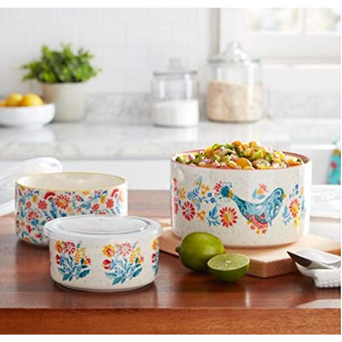 The Pioneer Woman Mazie 6-Piece Round Ceramic Nesting Bowl Set with Build-In Steam Release,15.5 ounce