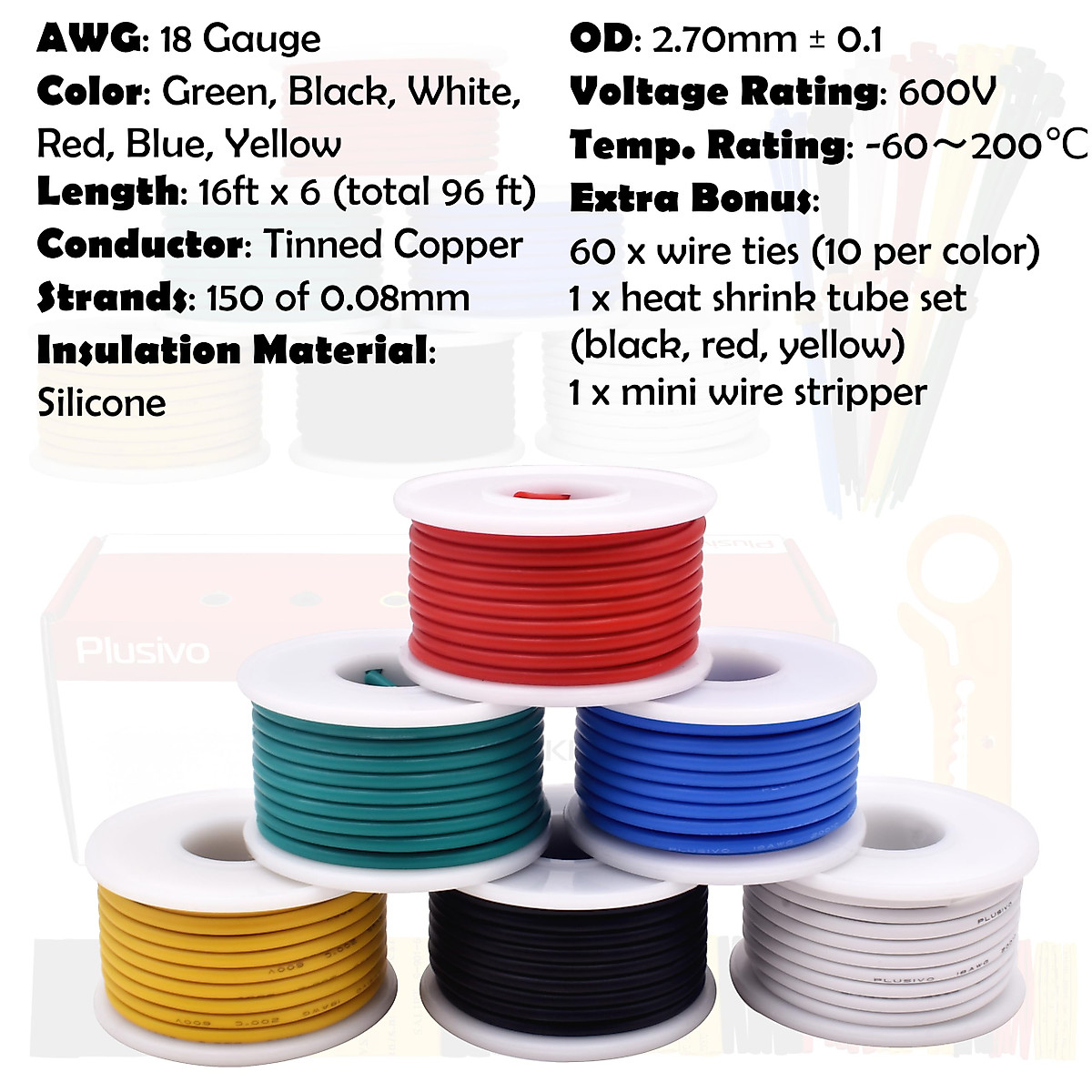 18 AWG Stranded Wire Kit – Silicone Coated Copper Wires 18 Gauge Pre-Tinned 16ft/5m Each Spool, 6 Colors (Black, Red, Yellow, Green, Blue, White), Electrical Jumper Wire Hook Up Wire Kit from Plusivo
