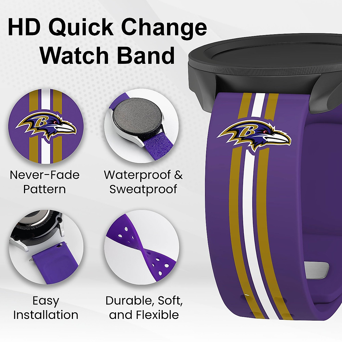 Game Time Baltimore Ravens Quick Change HD Watch Band Compatible with Samsung and More (Stripes 20mm Short)