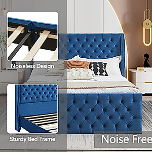 DUNTRKDU Queen Size Velvet Upholstered Platform Bed Frame with Button Tufted Headboard and Wingback, Wood Slat Support, No Box Spring Needed, Under Bed Storage (Blue)