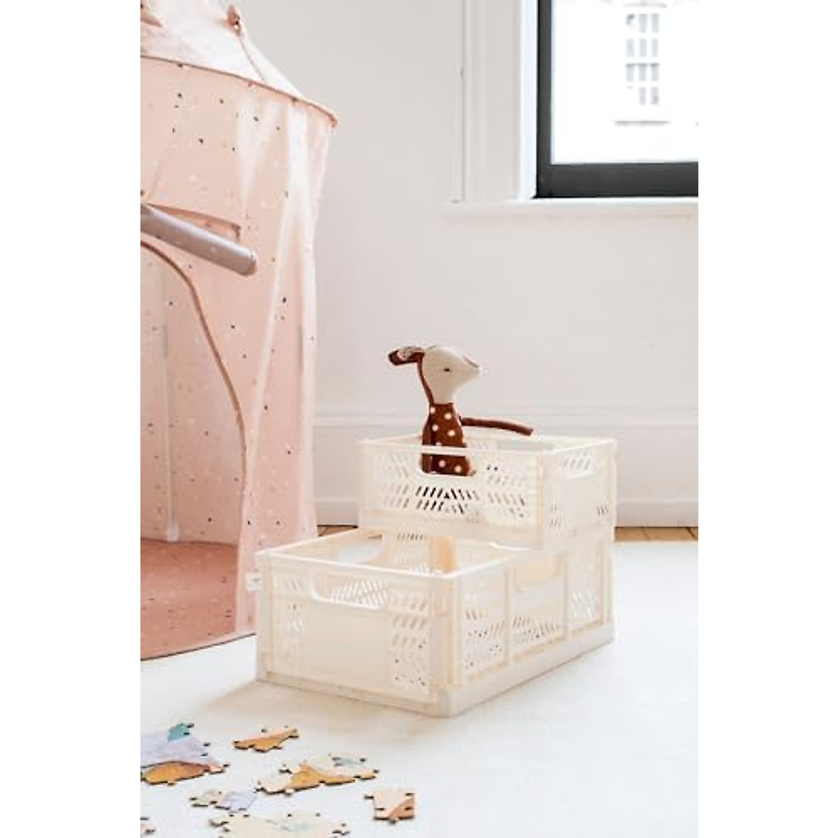 3 Sprouts Recycled Plastic Collapsible Crate - Stackable Folding Storage Crate for Organization for Adults & Kids - Foldable Plastic Crate - Large - Cream