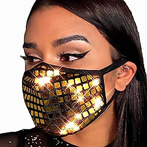 Barode Sparkly Sequins Mask Gold Crystal Face Cover Cotton Masquerade Masks Halloween Party Nightclub Face Masks Covering for Women and Girls (Gold)