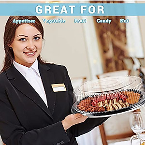 24 Sets 16 Inch Catering Trays with Lids Plastic Serving Trays with 24 Lids and 24 Plastic Serving Tongs Disposable Stackable Trays Black Round Catering Trays for Party Picnic Appetizers Takeout Food
