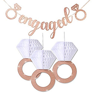 C L cooper life Engagement Party Decorations, Bridal Shower Supplies, Honeycomb Ring Hanging Decorations, Rose Gold Glitter Diamond Rings (3pcs), Engaged Banner Glittery Letters for Engagement