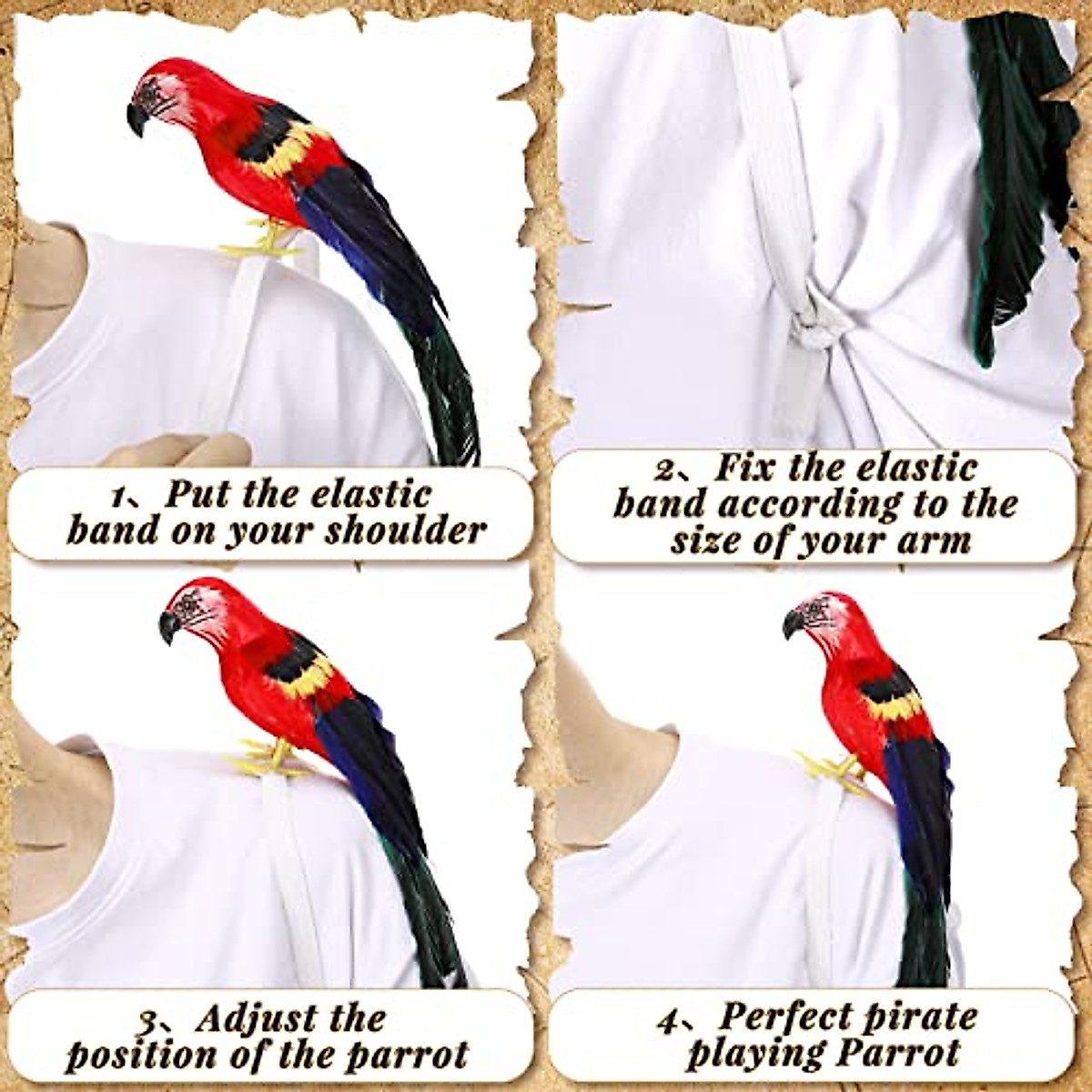 Yinder 4 Pcs Halloween Pirate Parrot Prop on Shoulder Pirate Parrot Prop Artificial Feather Parrot Costume Accessory Party Supplies