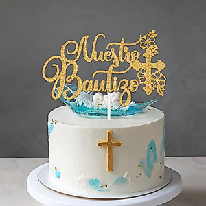 Nuestro Bautizo Cake Topper, Mi Primera Comunion, First Holy Communion, Bridal Shower/Wedding/Baptism/Christening Baby Shower Party Decorations, Gold Glitter