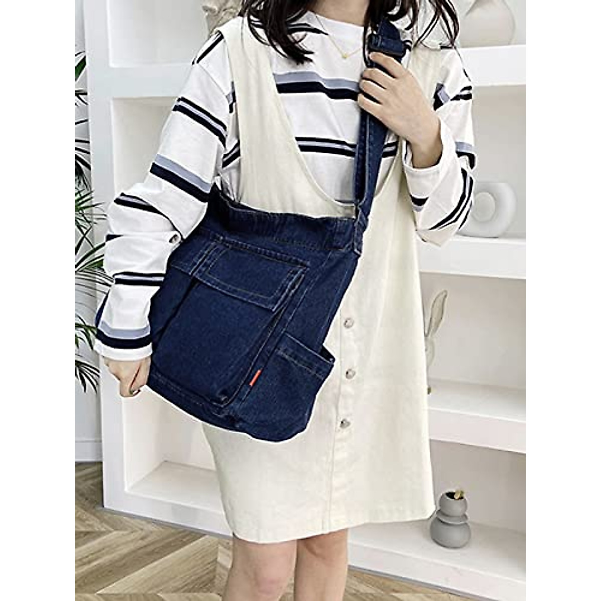 Nanwansu Denim Shoulder Bag Casual Style Canvas Bag Retro Travel Shopper Crossbody Handbag Hobo Tote Bag for Women Dark Blue