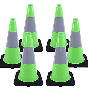 BESEA 6Pack 18" inch Traffic Cones Green Safety Cones PVC Construction Cones with 6 inch Reflective Collar for Home Driveway Road Parking Use(6 Cones)