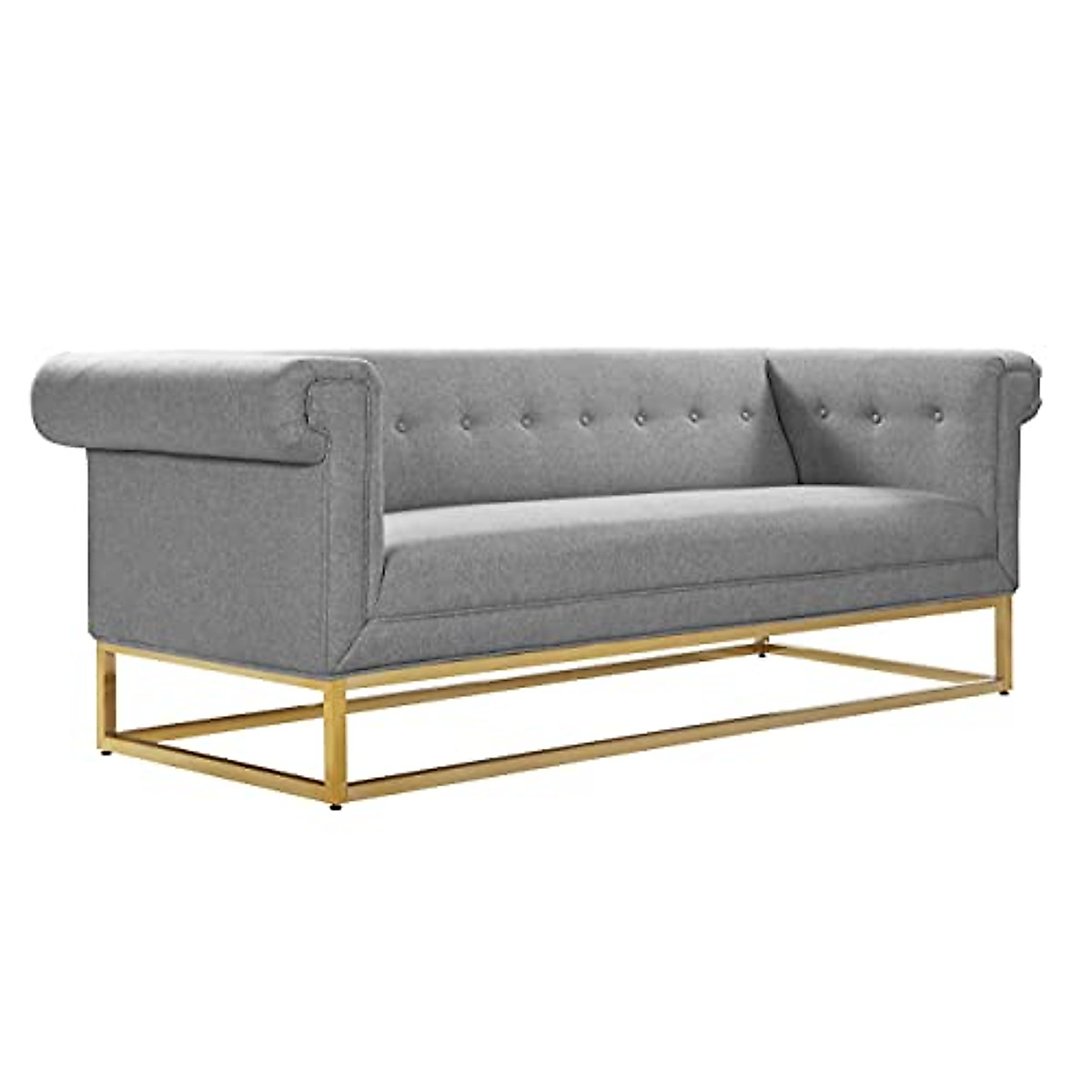 Iconic Home Palmira Sofa Button Tufted Linen-Textured Plush Cushion Brass Finished Brushed Metal Base Frame, Modern Transitional, Grey