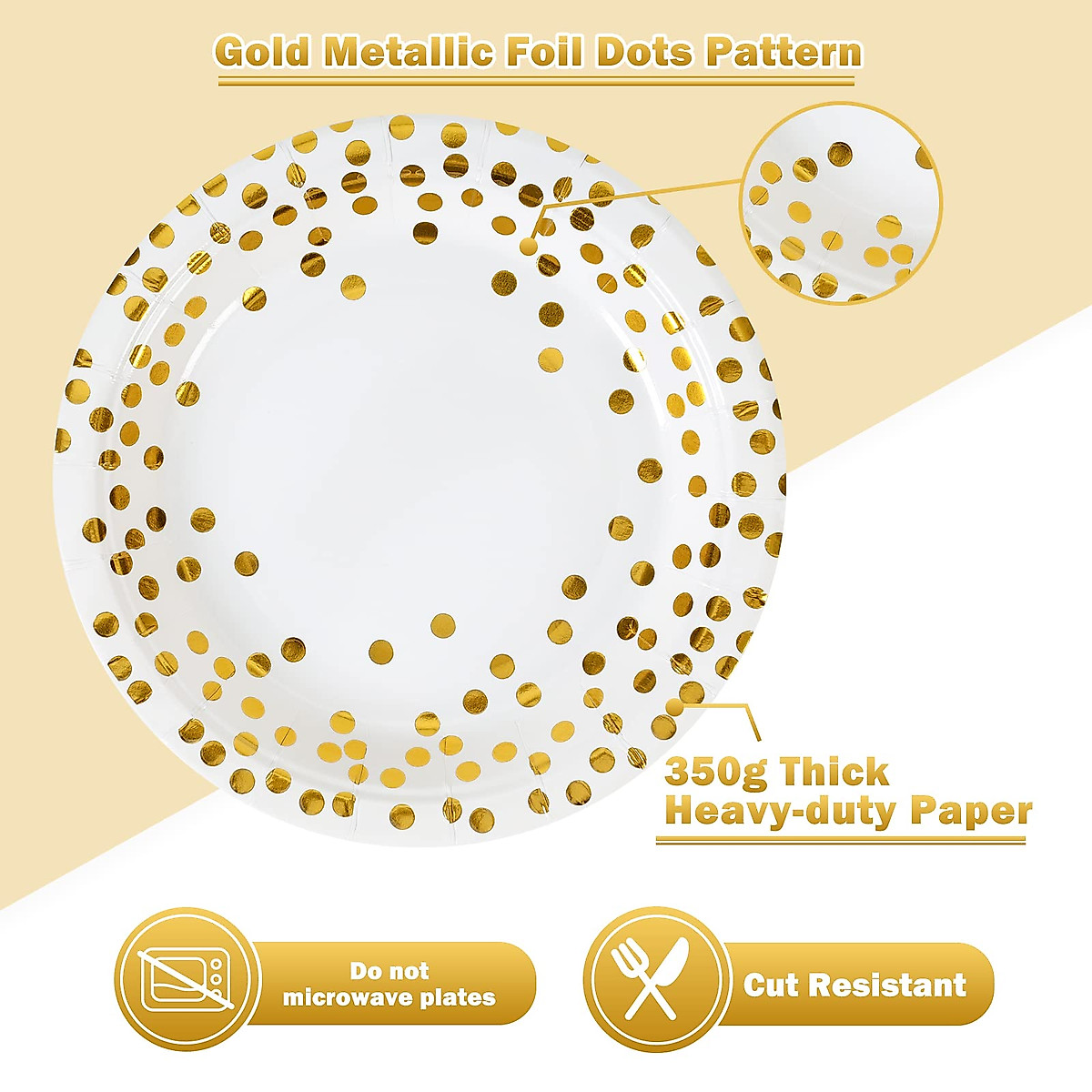 CENLBJ Disposable Plates 100 Pack - White & Gold Paper Plates 50 x 7, Gold Dot Napkins 50 x 6.5, Party Supplies for Weddings, Birthdays & All Occasions