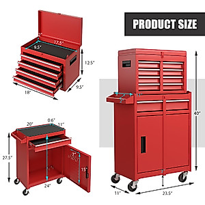 Goplus Tool Chest, 5-Drawer Rolling Tool Storage Cabinet with Detachable Top Tool Box, Liner, Universal Lockable Wheels, Adjustable Shelf, Locking Mechanism, Metal Tool Cart for Garage Workshop
