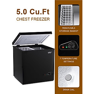 Chest Freezer KRIB BLING 5.0 cu.ft Mini Adjustable 7 Thermostat Compact Deep Freezer Top Door Low Noise with Removable Basket Black