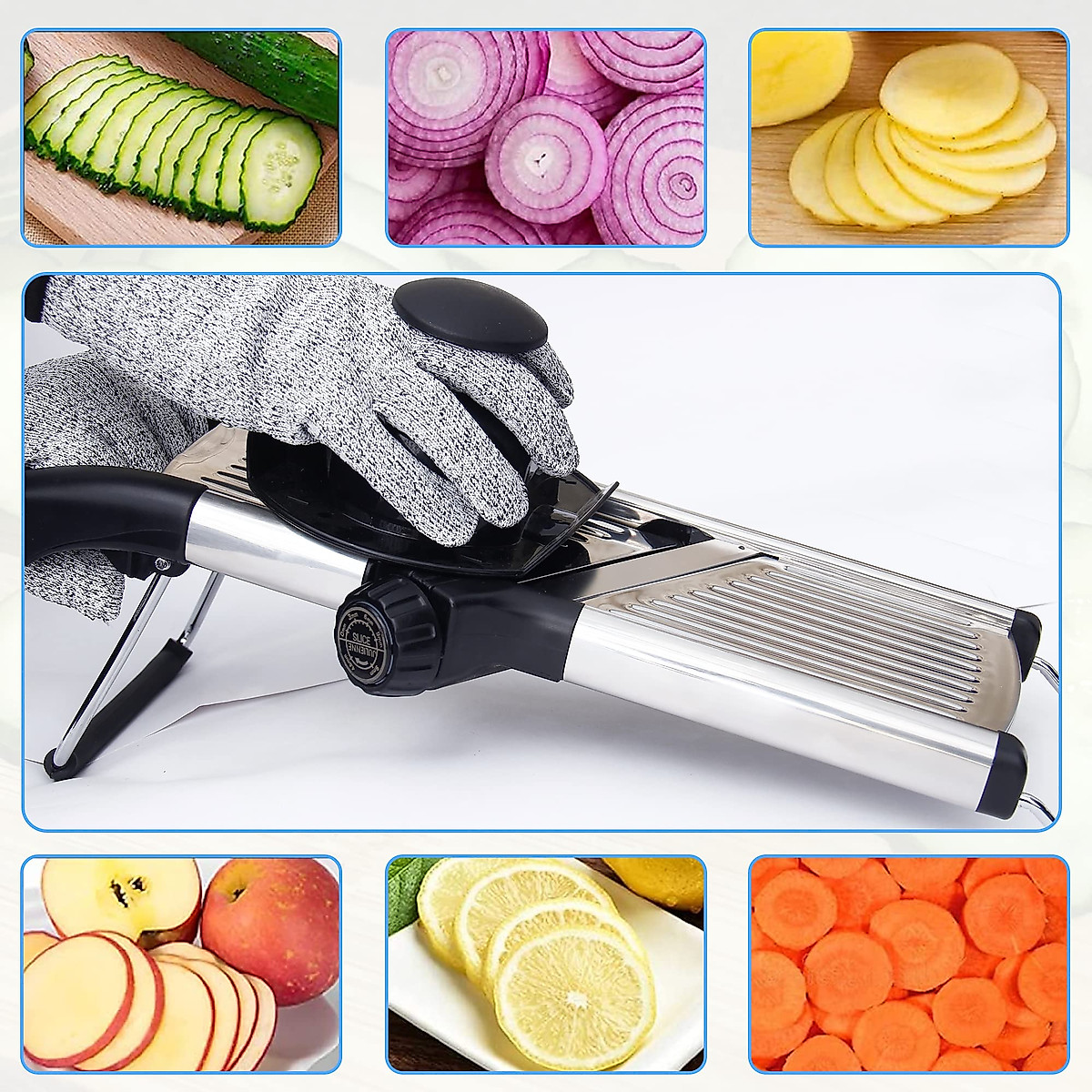 BAJWAZ Mandoline Slicer for Kitchen 6 Adjustable Stainless Steel Blades Vegetable Slicer And Food Cutter | French Fry Maker with Peeler &Safety Gloves