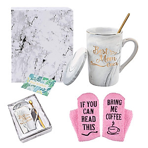YHRJWN Best Mom Ever Coffee Mug for Mom Mother Mothers Day Mom Mug from Daughter Son Mom Coffee Mug 14Oz Gray Marble Mug with Exquisite Box Spoon Coaster Sock Gift Card