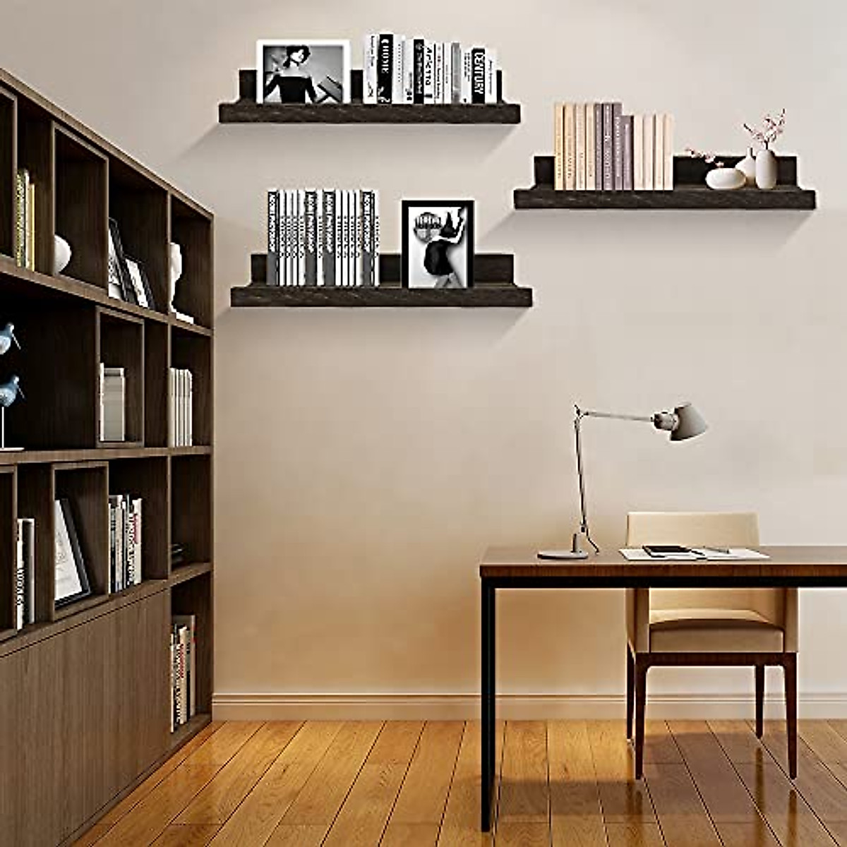 24 in Wood Floating Shelves Wall Mounted Set of 3 Wall Photoes Hangers Picture Ledge Wall Décor Sunglasses Organizer Shelves Storage Makeup Holder for Wall Art Display Kids Office Home Rustic Black