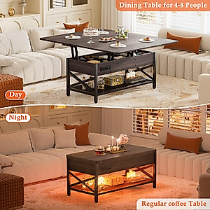Aheaplus Coffee Table Lift Top Multi-Function Coffee Table Converts to Dining Table, with LED Light and Power Outlet, Center Table with Shelves for Living Room Reception Home Office,-S2, Espresso