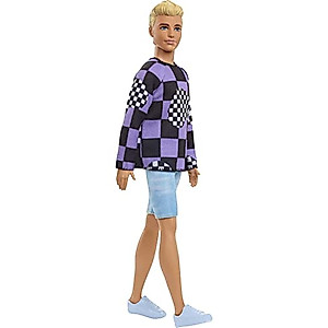 Barbie Fashionistas Ken Fashion Doll #191 with Blonde Cropped Hair in Checkered Sweater, Denim Shorts & White Sneakers