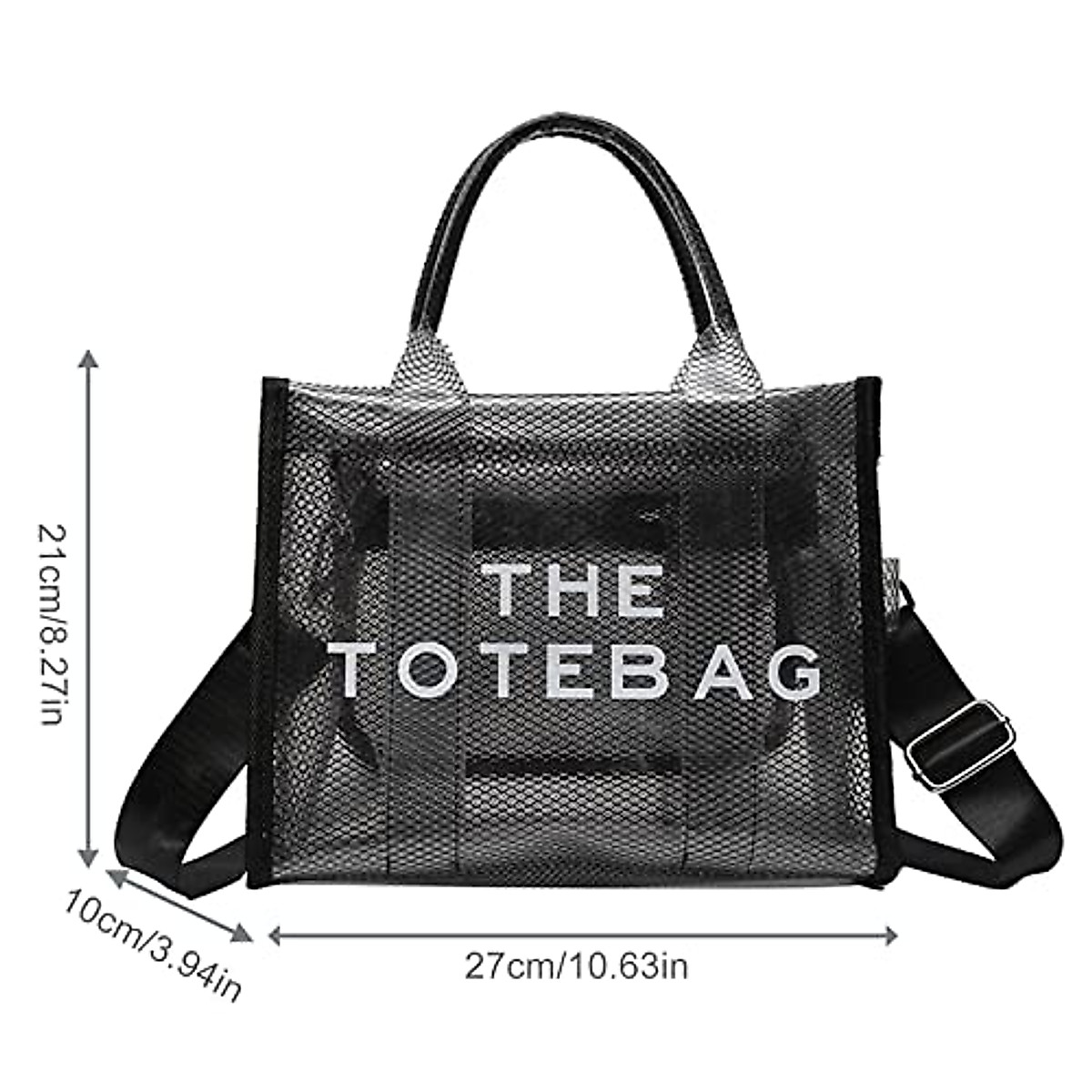 JQAliMOVV Clear Tote Bags for Women, The tote Bag Mini Clear Crossbody Bag Purse PVC Transparent Tote Handbag for Travel Beach (Black)