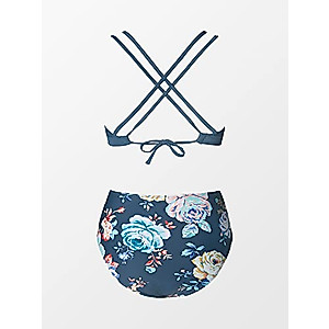 CUPSHE Women Bikini Set High Waisted Bikini Bottom Floral Tummy Control U Neck Double Straps Crisscross Back M