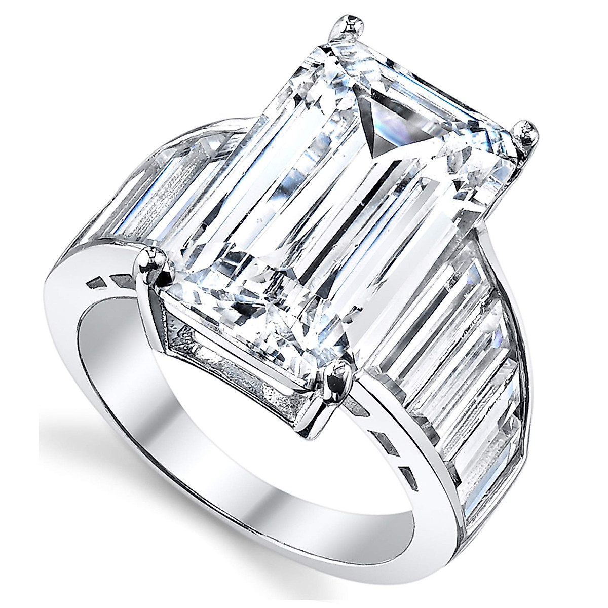 Metal Masters 9 Carats 925 Sterling Silver Angelina Jolie Engagement Wedding Ring with Emerald-cut 10 x 16 MM CZ