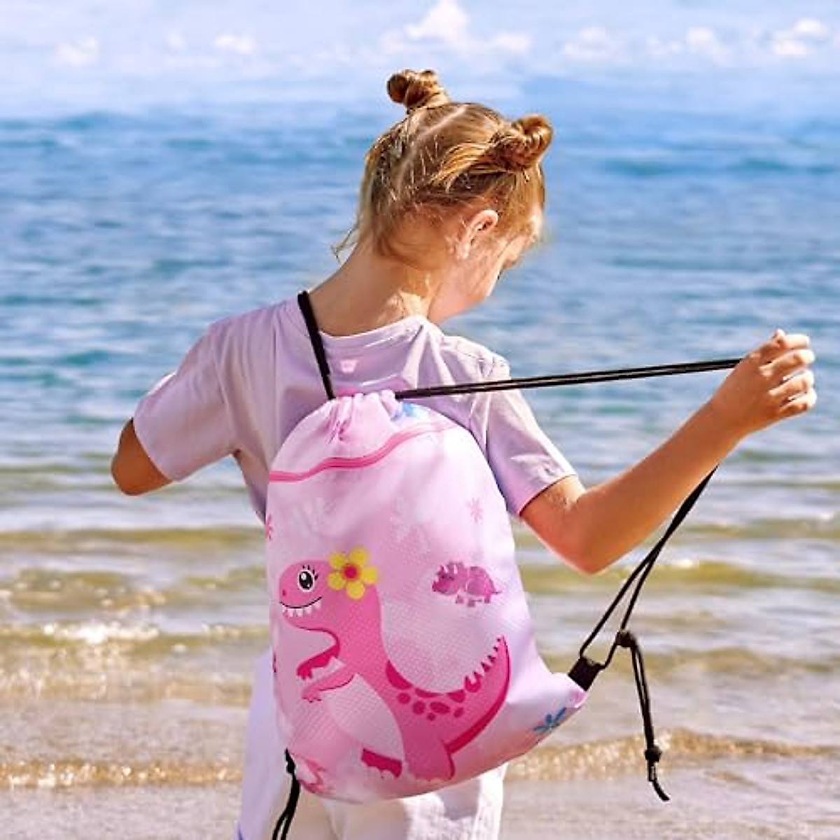 WAWSAM Dinosaur Drawstring Backpack - 13" x 18" Sports Gym Bag Waterproof Beach Swimming Travel Sackpack Birthday Christmas Gift with Zippered Pocket