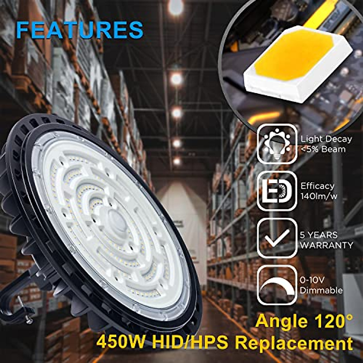 LED UFO High Bay Light, 150W 140LM/W 5000K 1-10V Dimmable,21000LM,IP65 Waterproof,UFO Highbay with 5' cable of US Plug for Commercial Bay Lighting Warehouse Workshop Wet Location, ETL Listed (Black)