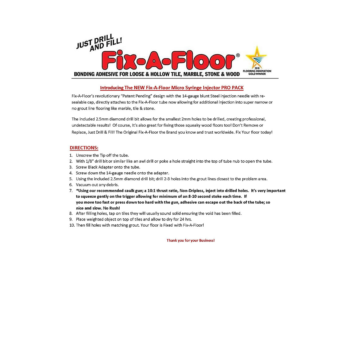 The Original Fix-A-Floor Micro Syringe Injector For Loose & Hollow Tile Repair PRO Pack (2) *Comes With Recommended 10:1 Thrust Non Dripless Caulk Gun