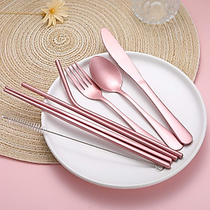 Portable Stainless Steel Flatware Set, Travel Camping Cutlery Set, Portable Utensil Travel Silverware Dinnerware Set with a Waterproof Case (Pink)