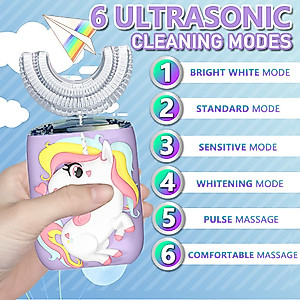 Kids Ultrasonic Electric Toothbrush, U-Shaped Toothbrush 6 Gear Speed Mode IPX7 Waterproof 360° Oral Cleaning Automatic Toothbrush for 2-7 Years Old Baby Toddler (Purple)