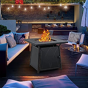 PHI VILLA 28 Inch Gas Fire Pit Table, 50000 BTU Square Outdoor Propane Fire Pit Table with Lid and Blue Fire Glass for Patio, Backyard and Garden, Black