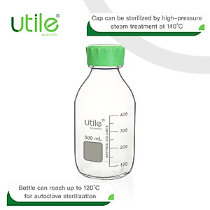 Utile Media Bottle, 3.3 Borosilicate Glass Bottles with GL45 Screw Caps, 4pcs of 500ml(16.9oz) Lab Media Bottles, PP Material Media Storage Bottle, 4038.0500.4