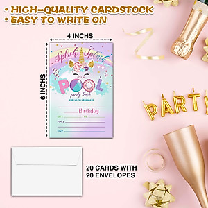 Chuxvon Birthday Party Invitations, Splash Birthday Invitations, Rainbow Unicorn Themed Fill In Invites, Summer Swimming Pool Birthday Party Supplies Decorations, 20 Cards With 20 Envelopes(B11)