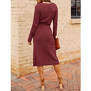 MEROKEETY Women's Long Sleeve V Neck Cable Knit Belted Bodycon Slit Sweater Dress for Party,Burgundy,S