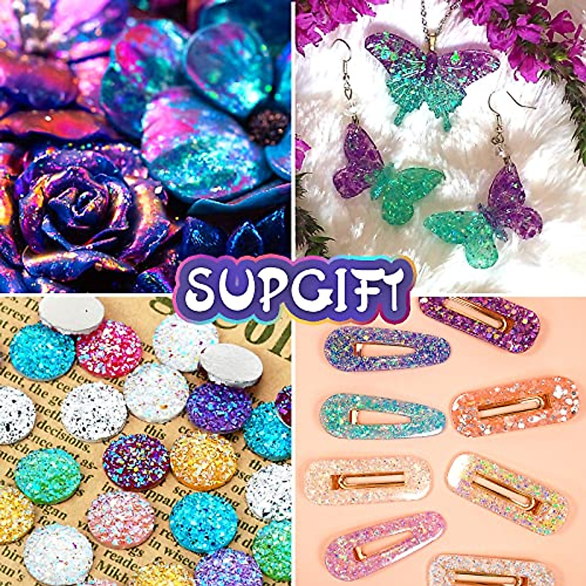 Nail Glitter SUPGIFT 15 Colors 130g Holographic Chunky Cosmetic Chameleon Sequins for Makeup Hair Body Art Slime Craft Resin with Brush 5 Spoons