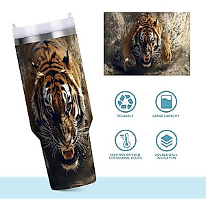 Jihqo Hunting Tiger 40 oz Stainless Steel Vacuum Insulated Tumbler with Handle and Straw Lid, Leakproof Water Bottle Double Wall Travel Mug Coffee Cup, Cupholder Friendly