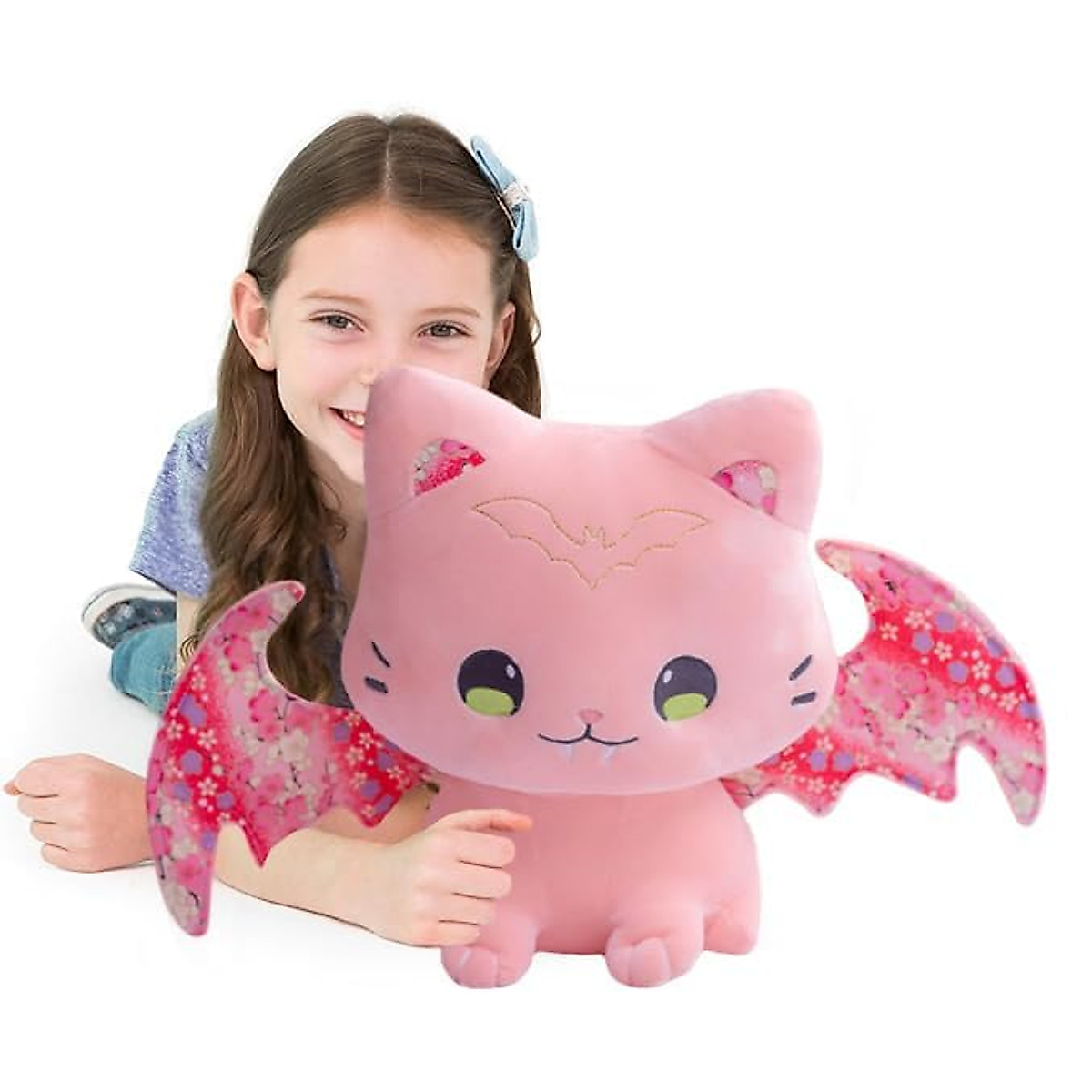 ELAINREN Crazy Cat Plush Kitten Toy with Bat Wings, Cute Kitty Stuffed Animal Floral Cat Plushie Soft Hugging Pillow Decor Furry Purple Bat Cat Dolls Gifts for Xmas,11.8''(Pink/Purple)