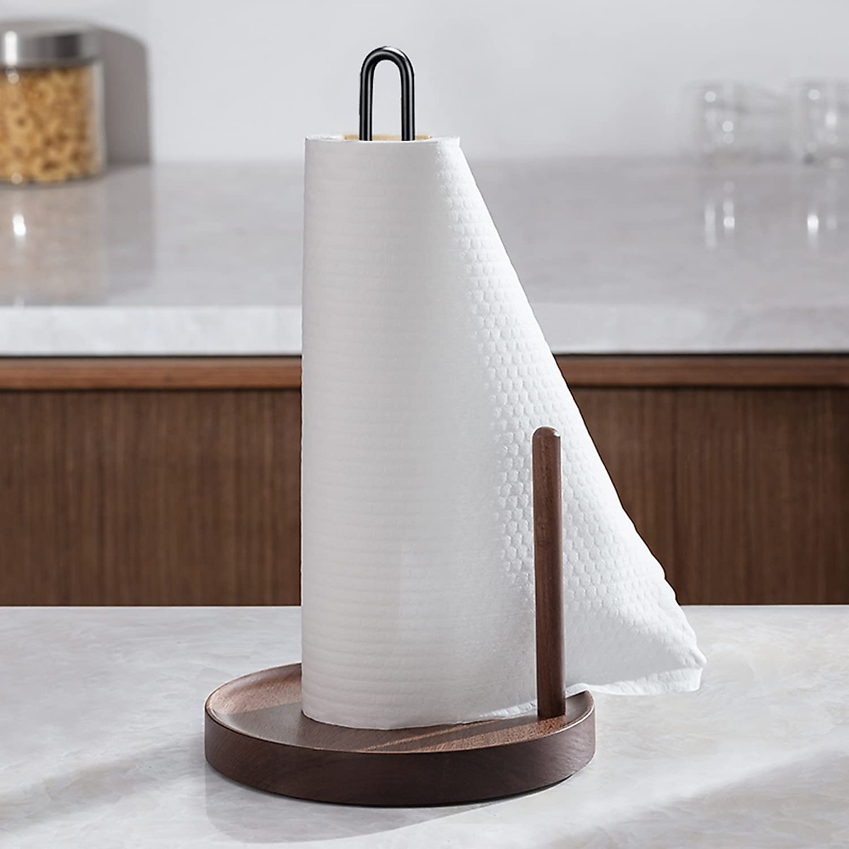 Vineet Modern Farmhouse Paper Towel Holders for Kitchen, Vintage Wire and Wood Countertop Paper Towel Holder Rustic Farmhouse Freestanding Paper Towel Holder with Real Wood Base