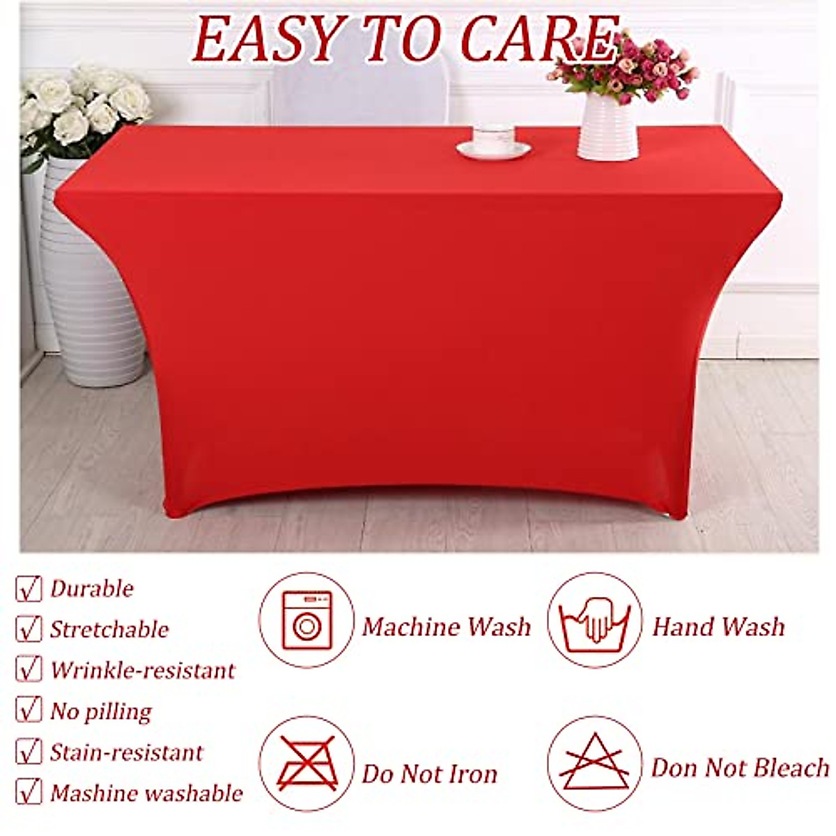 6FT Spandex Table Cover Table Cloth for Folding Tables Fitted Rectangular Tablecover Washable Wrinkle Resistant Polyester Stretch Red Tablecloth Protector for Wedding Banquet Party (4 Pack, Red)