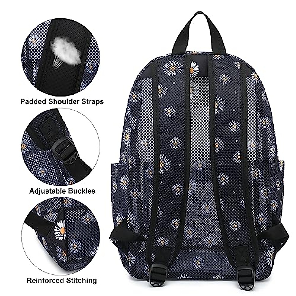 Kouxunt Daisy Mesh Backpack for Girls Women, See Through Casual School College Student Bookbag (Black)