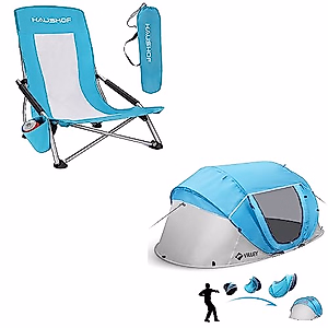 HAUSHOF High Back Beach Chair, Mesh Back Folding Chair and VILLEY 4-Person Easy Pop Up Tent, Waterproof Automatic Setup Instant Lightweight Camping Beach Tent