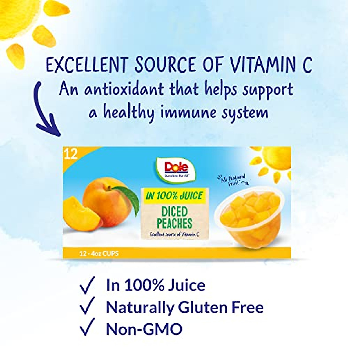 Dole Fruit Bowls Diced Peaches in 100% Juice, Back To School, Gluten Free Healthy Snack, 4oz, 12 Cups