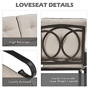 Giantex Patio Loveseat with Coffee Table Outdoor Bench with Cushion and Metal Frame, Loveseat Porch Furniture Set Sofa for Garden, Yard, Patio or Poolside (Light Beige & Black)