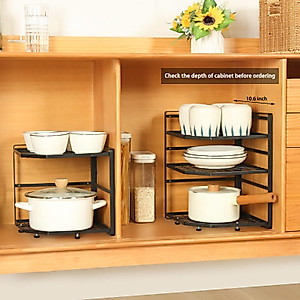 LUMAMU 2 Pack Stackable Corner Shelf Stand, Height Adjustable Cabinet Corner Rack, Countertop Shelf Organizers for Plates, Dishes, Cabinet & Pantry Kitchen Organization, Black